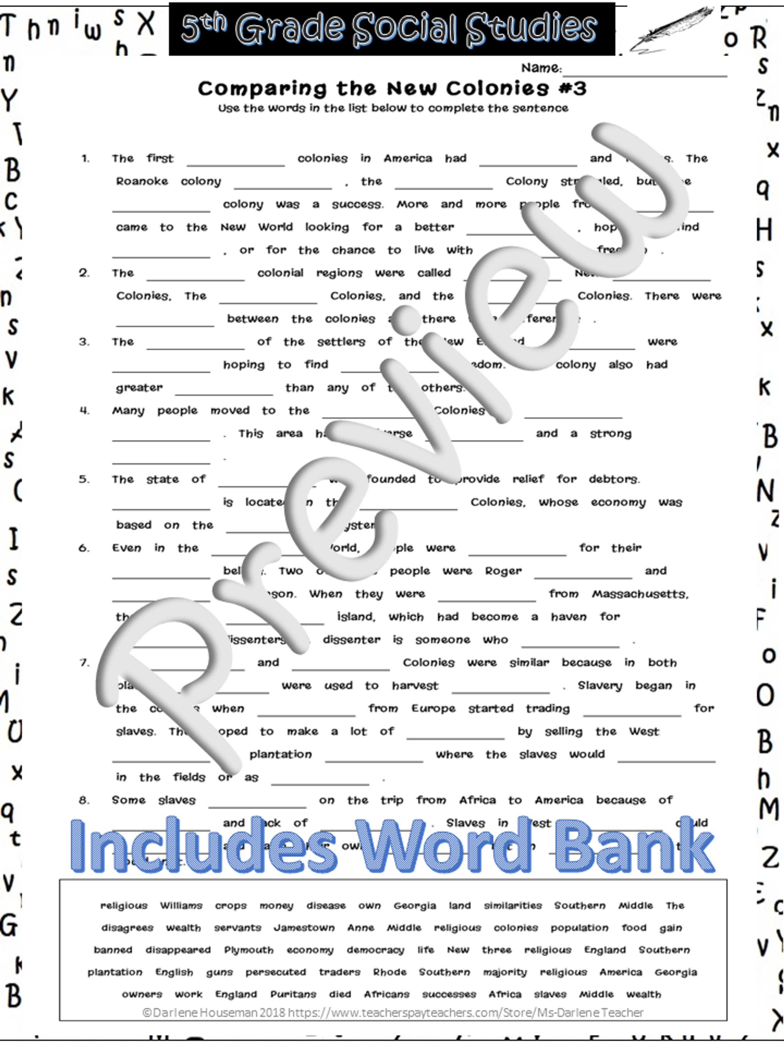 Comparing the New Colonies Cloze/Fill In Blank#3~Social Studies Weekly ...
