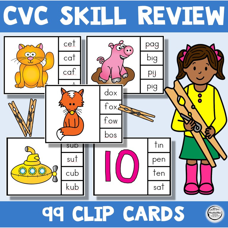CVC Words, Short Vowels Clip Cards with Nonsense Words
