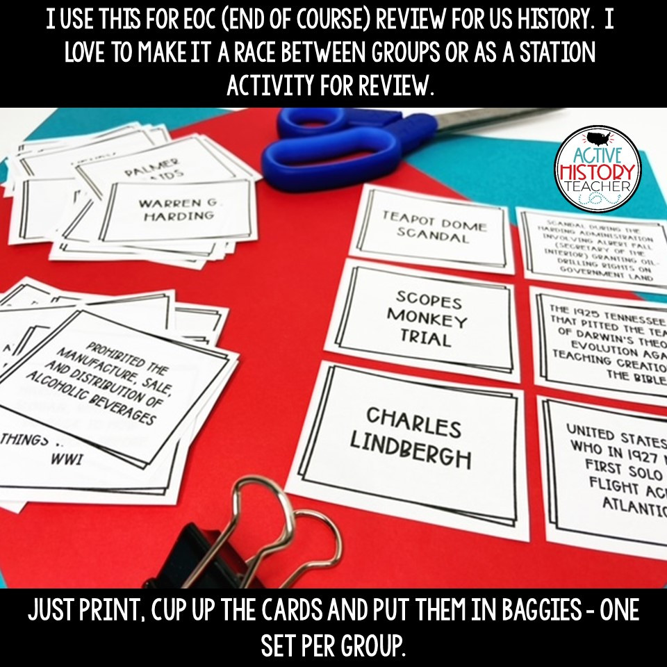 Roaring 20's Activity Vocabulary Matching Hands-On EOC Review