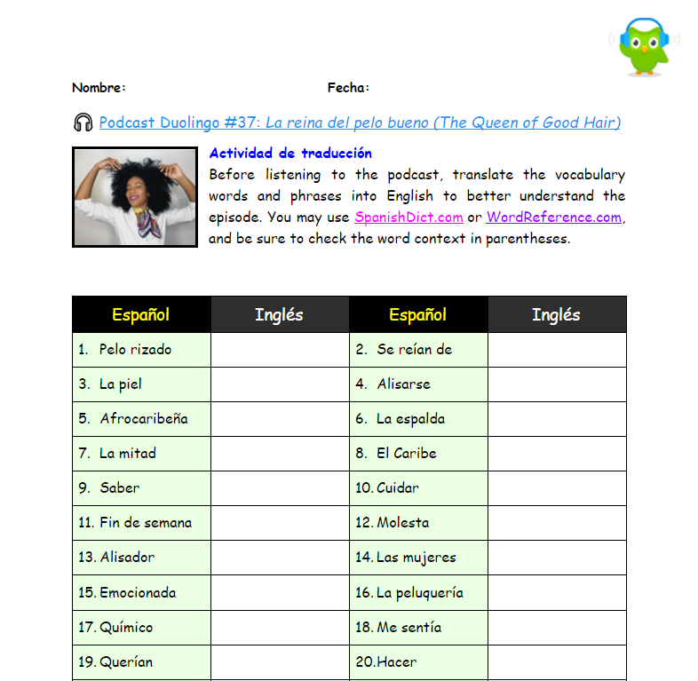Listening Activity Guide | Duolingo Spanish Podcast #37: La reina del ...