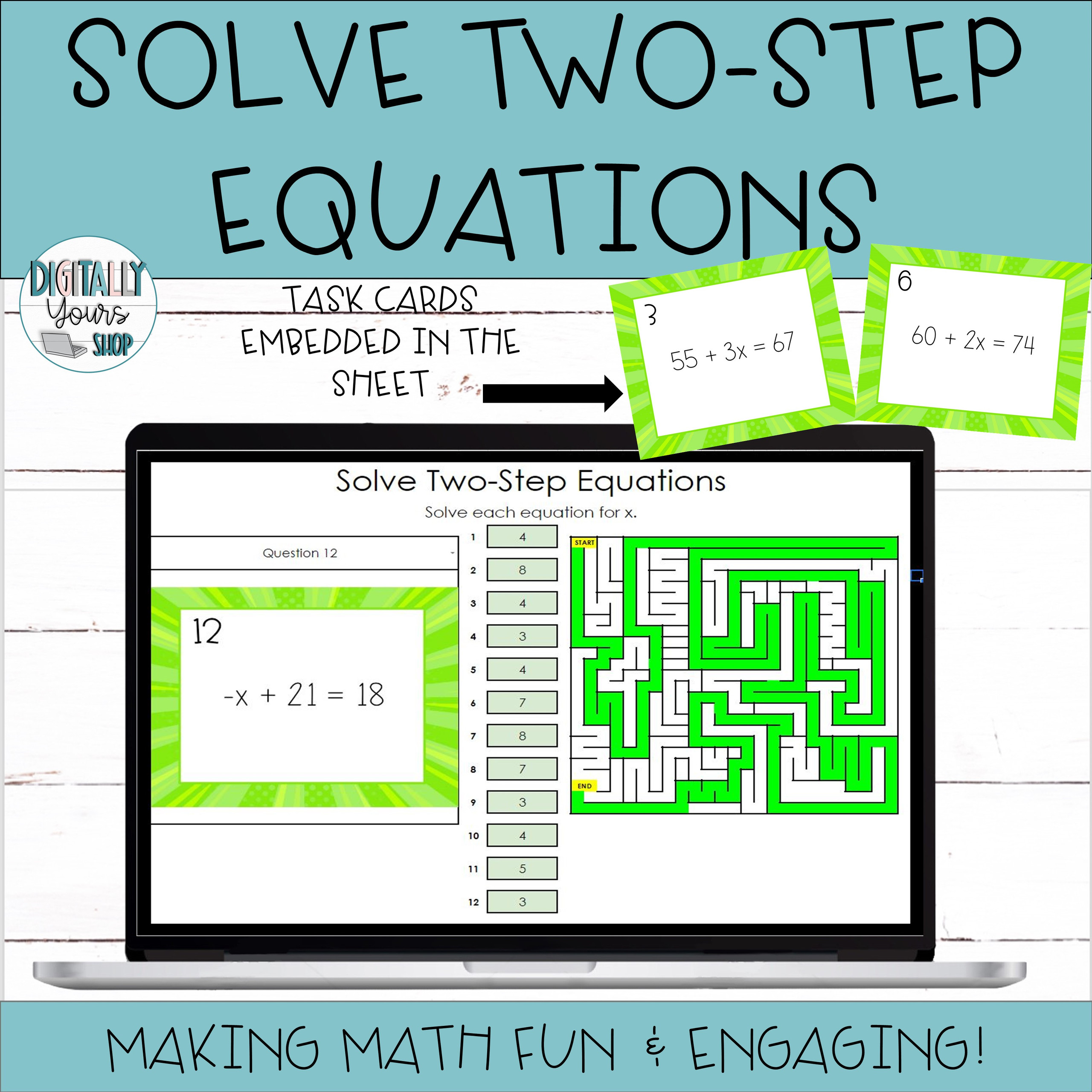 Solve Two-Step Equations Digital Self-Checking Maze