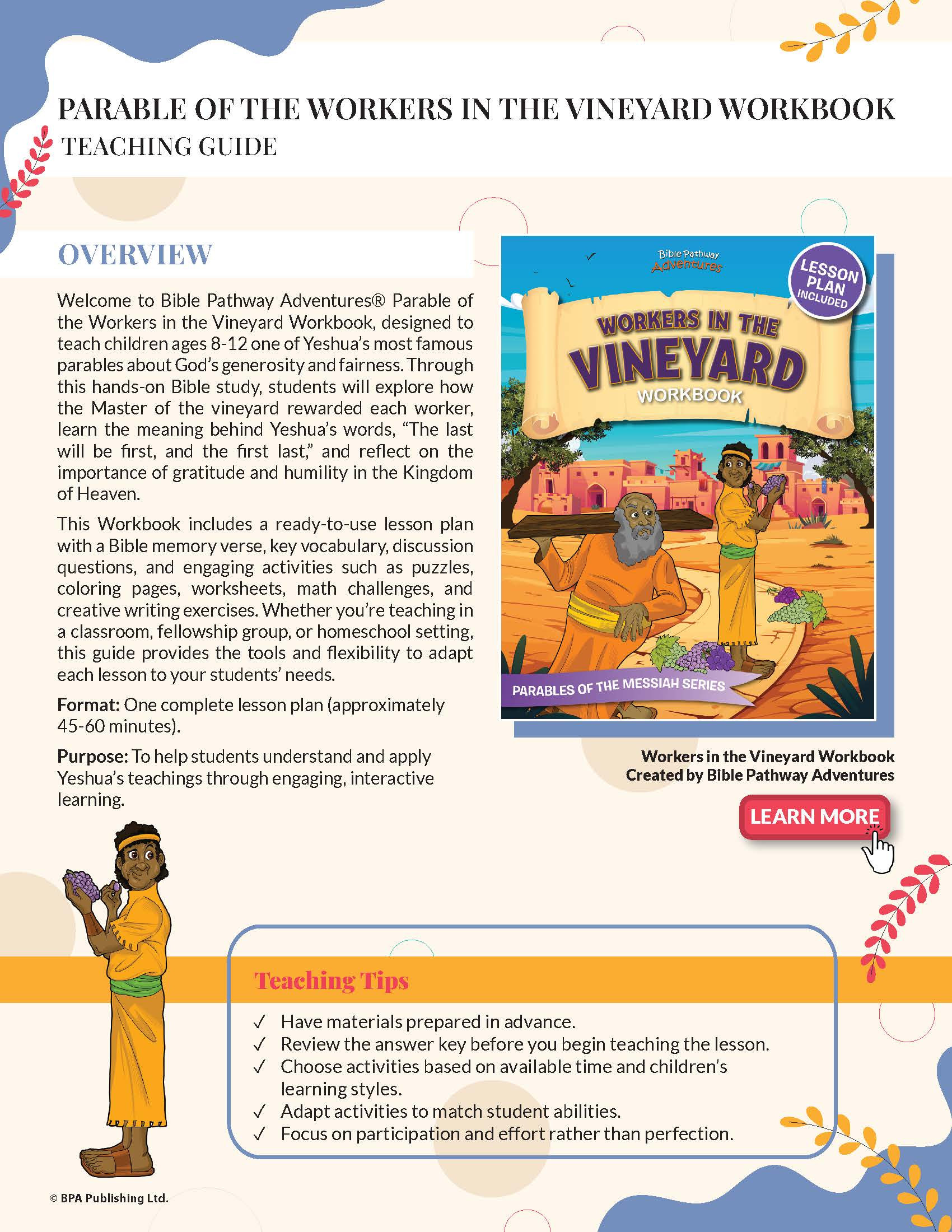 Bible Parable: Workers in the Vineyard workbook