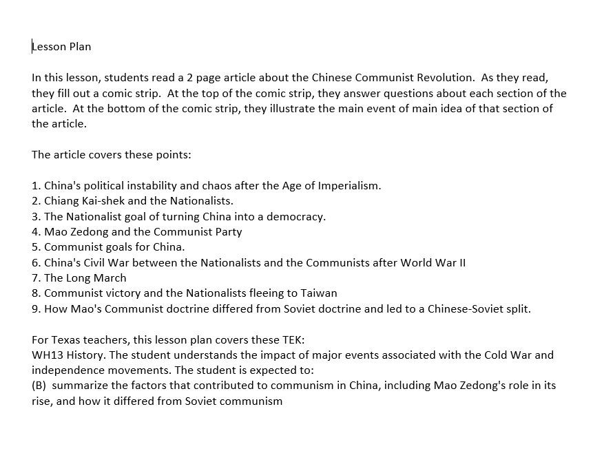 Chinese Communist Revolution Comic Strip Activity
