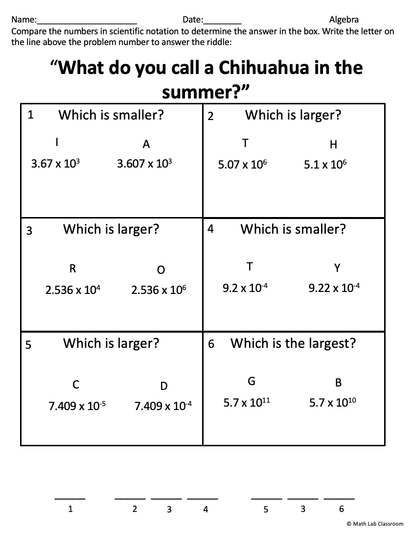 Comparing Numbers in Scientific Notation Riddle