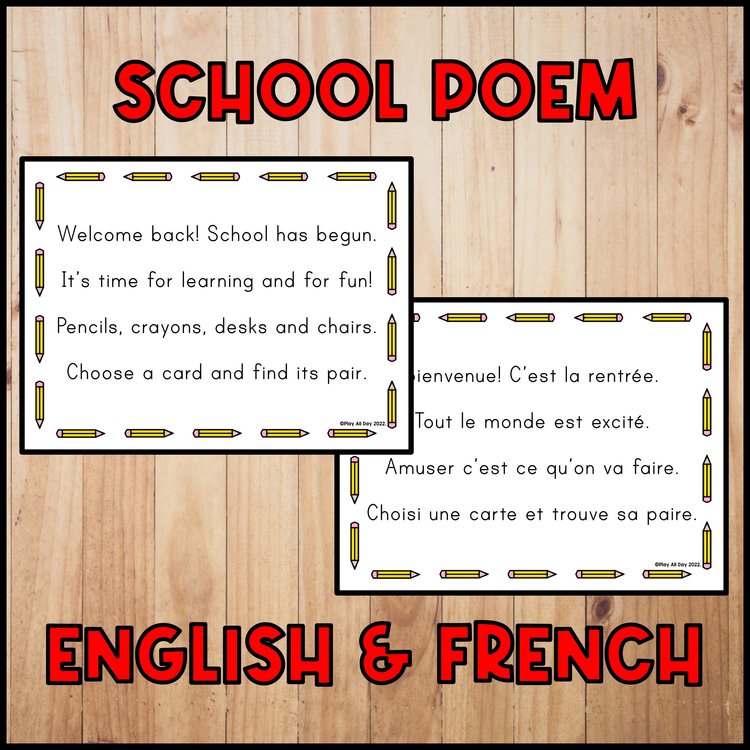 Back to School Poem and Pocket Chart Activities | French Version Included!