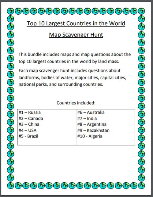 Top 10 Largest Countries in the World Map Scavenger Hunt - Amped Up ...