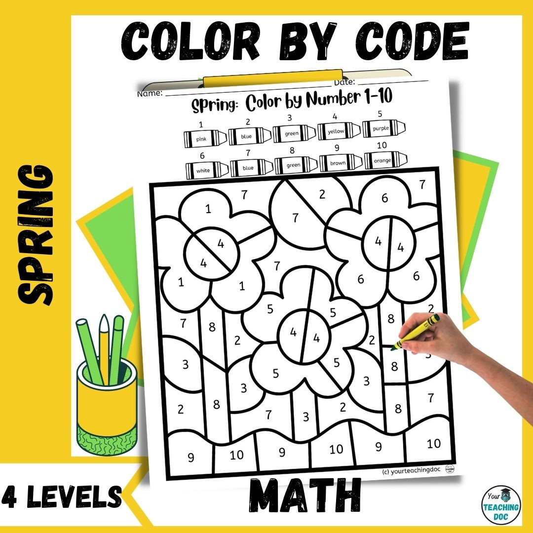 Spring Color By Code Differentiated Math Worksheets 4 Levels