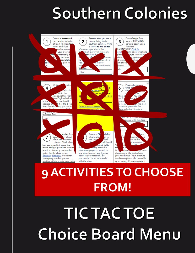 Southern Colonies Choice Board: Colonial America Tic Tac Toe Menu ...