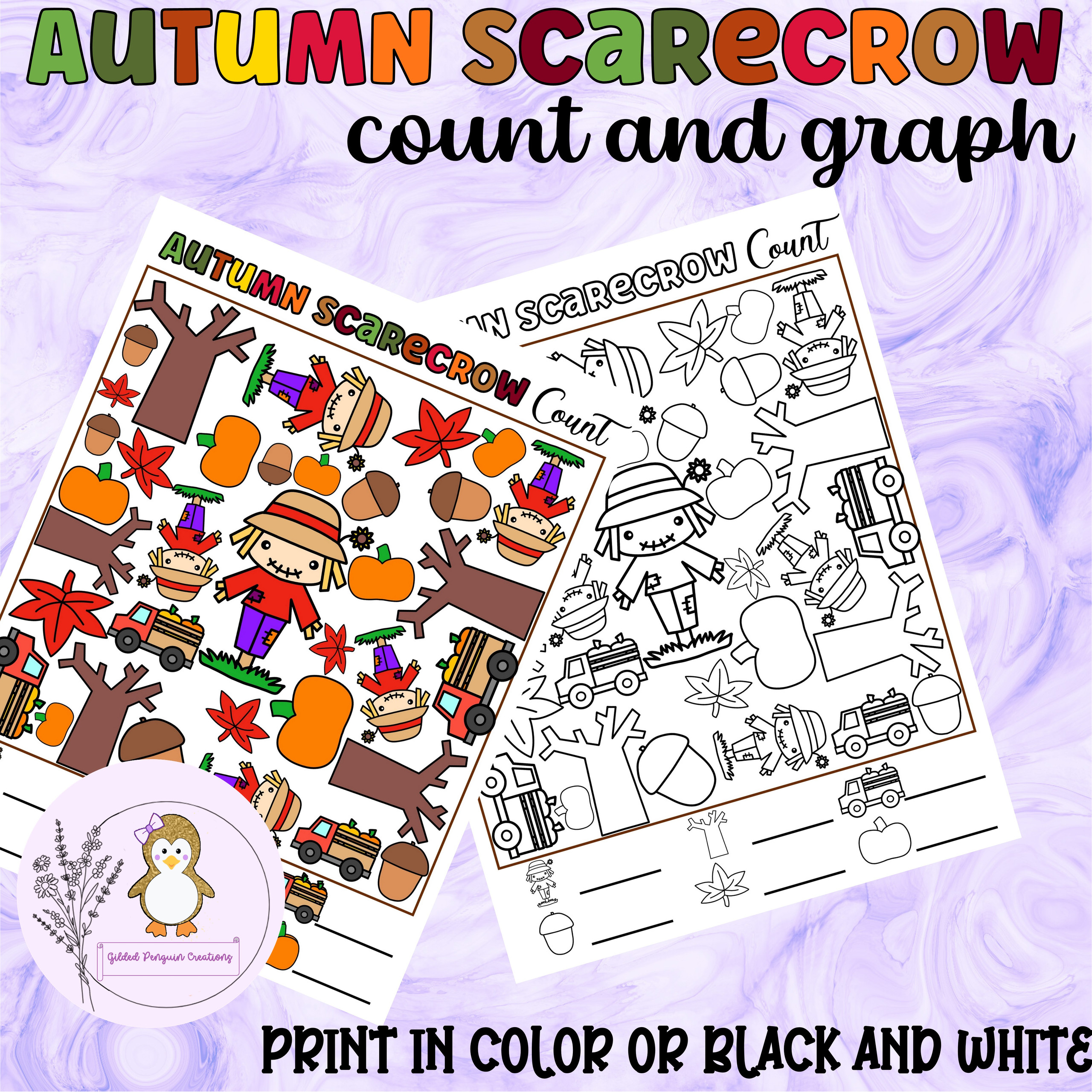 Autumn/Fall Scarecrow Math I Spy Worksheets Count and Graph for Early ...