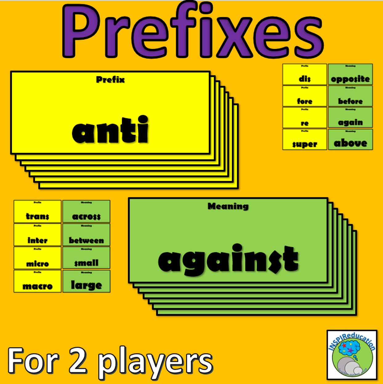 Prefix/Affix Snap! Game for 2 players. 128 cards, 32 prefixes and 32 ...
