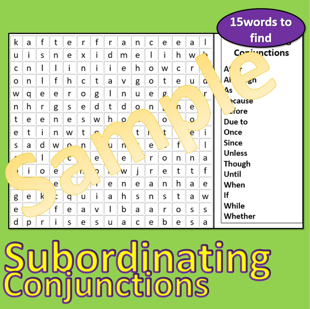 Subordinating Conjunctions Wordsearch (Find all 15 conjunctions ...