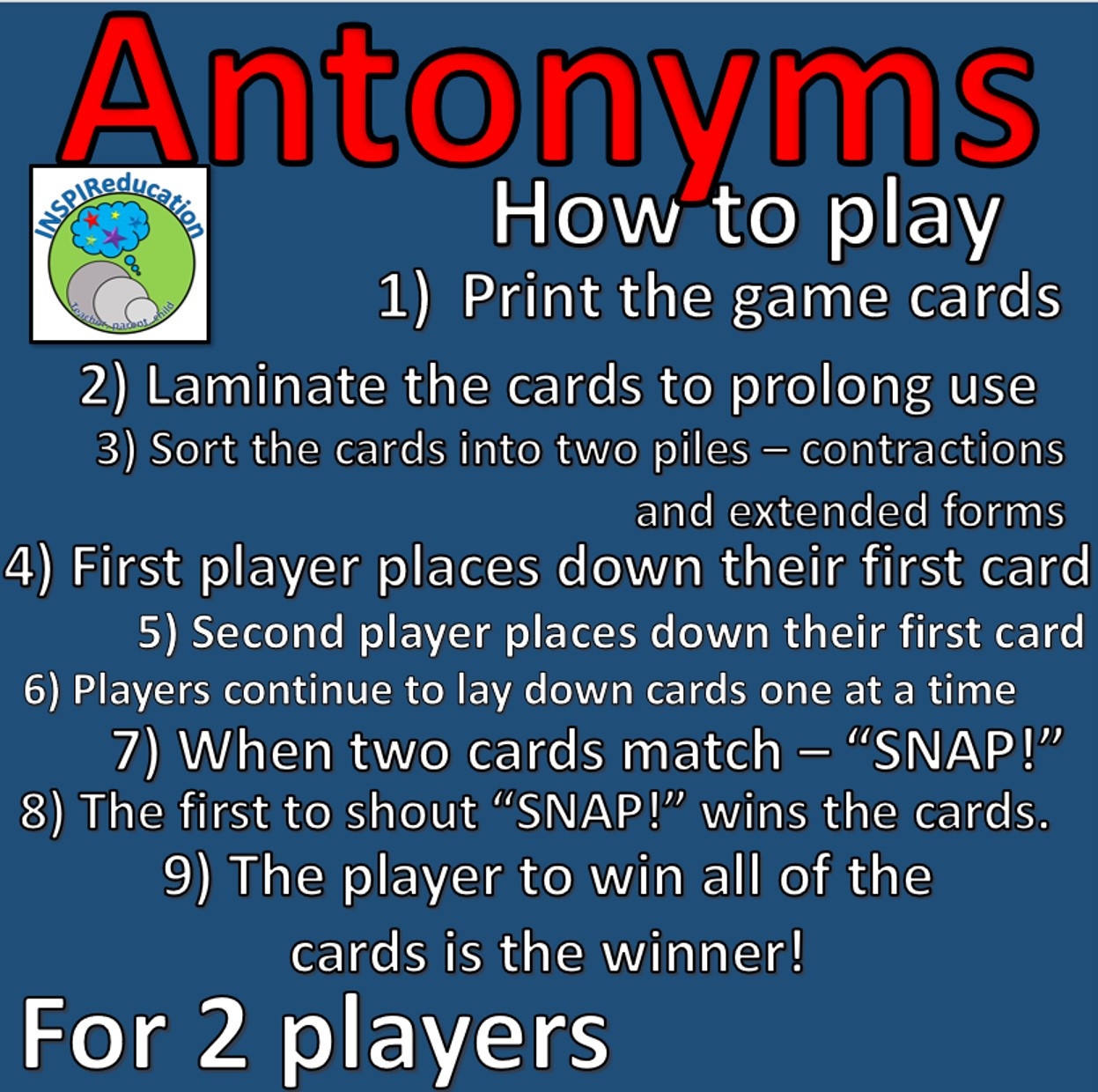 Antonyms/Opposites - SNAP! 90 cards - 45 pairs of words, Fast, Furious ...