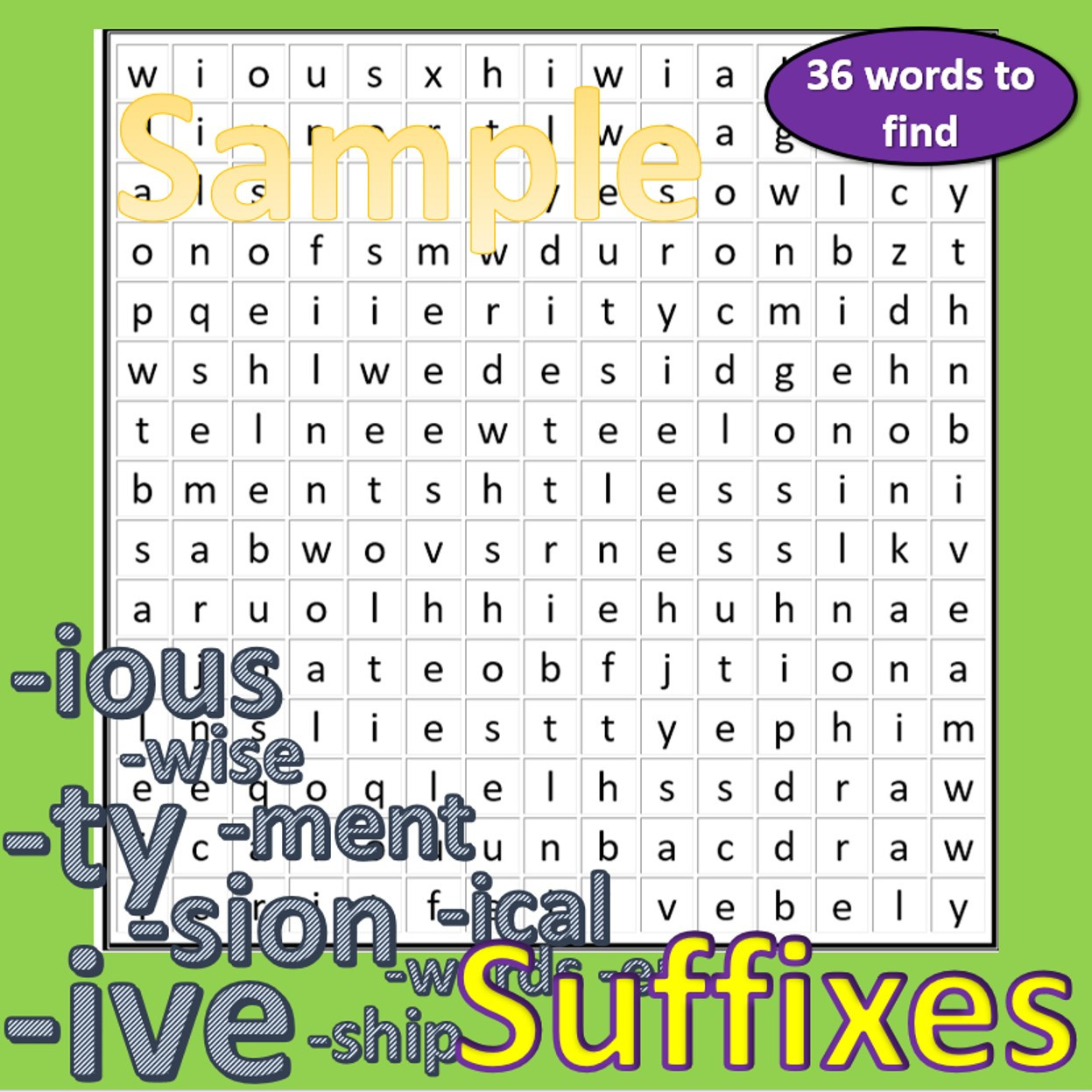 Suffixes - Word Search, answer the clues to find 36 hidden suffixes ...