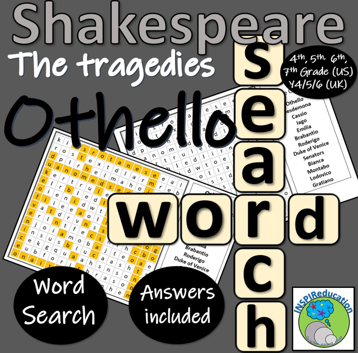 William Shakespeare Tragedies - Othello (Character Wordsearch) - Amped ...