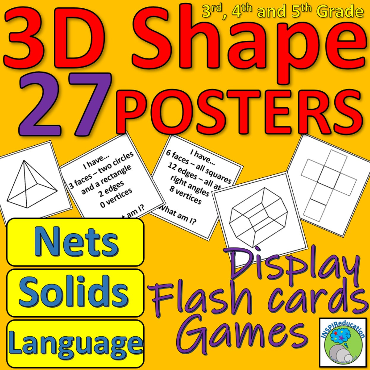3D Shapes - 27 Posters, shapes, nets and desciptions - Amped Up Learning