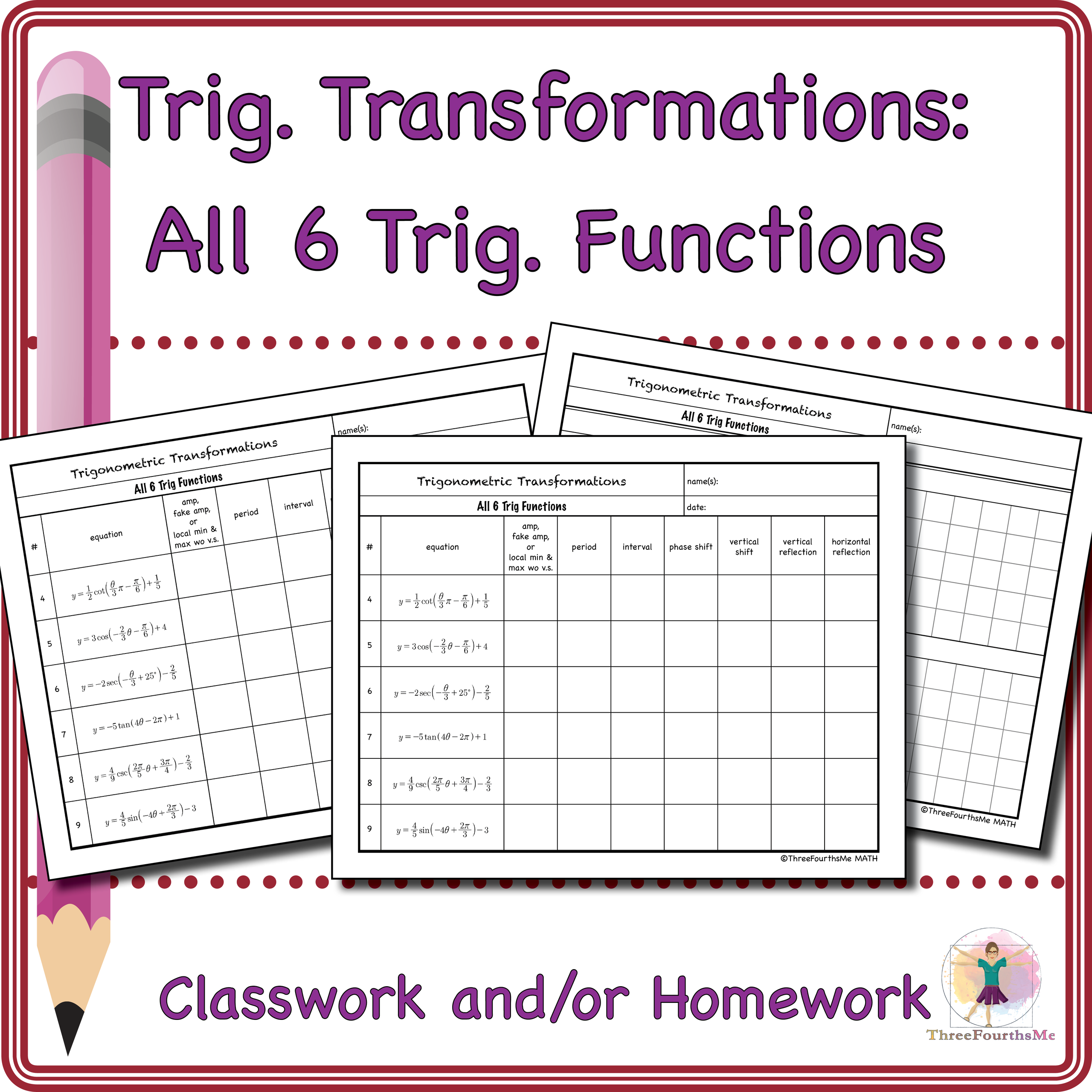 Transformations of the 6 Trigonometric Functions Classwork / Homework ...