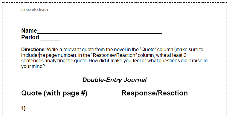 Fahrenheit 451- Double Entry Journal - Amped Up Learning
