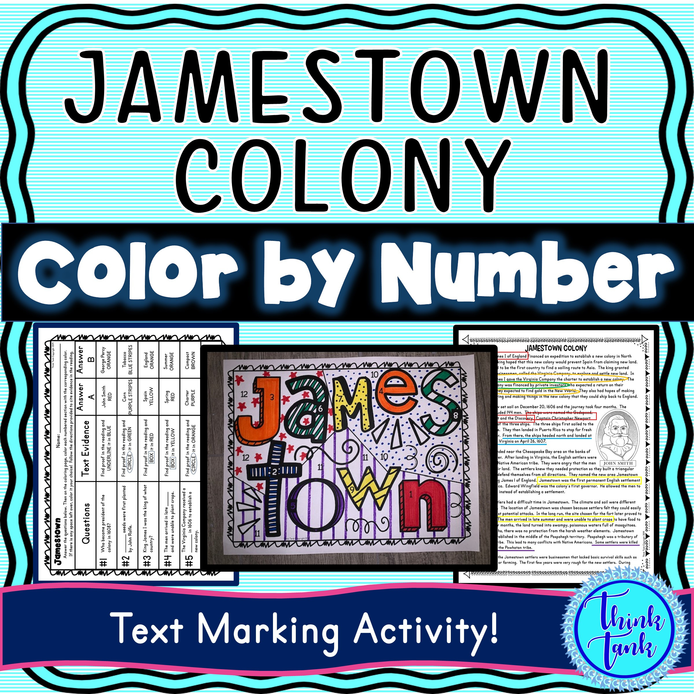 Jamestown Colony Color by Number, Reading Passage and Text Marking ...