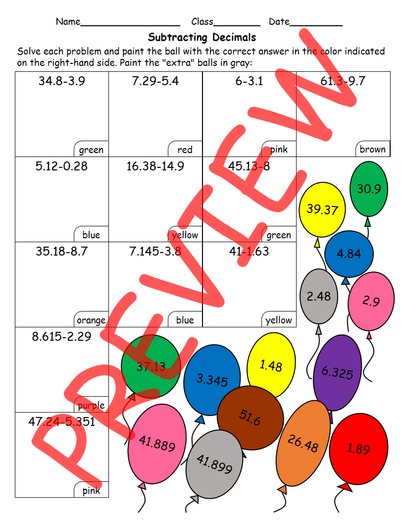 Adding and Subtracting Decimals Color by Number