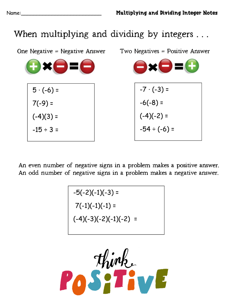 Integer Operations - Notes, Guided Practice & Quiz - Amped Up Learning