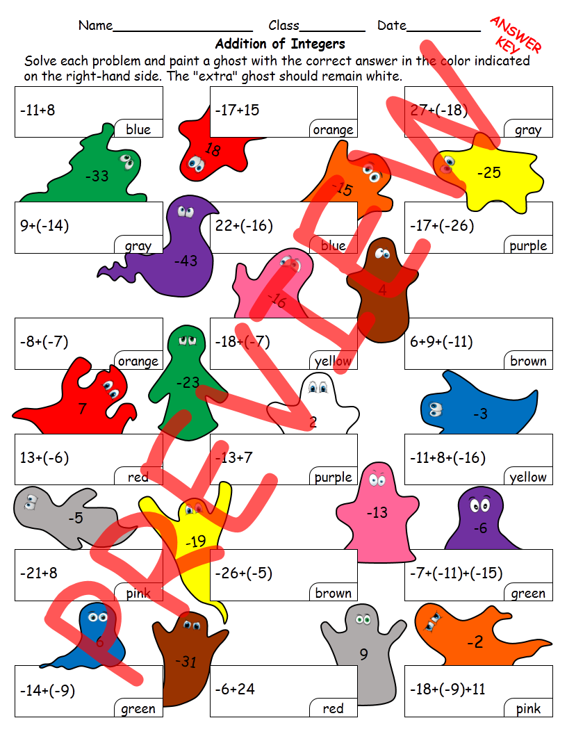 Addition and Subtraction of Integers Halloween