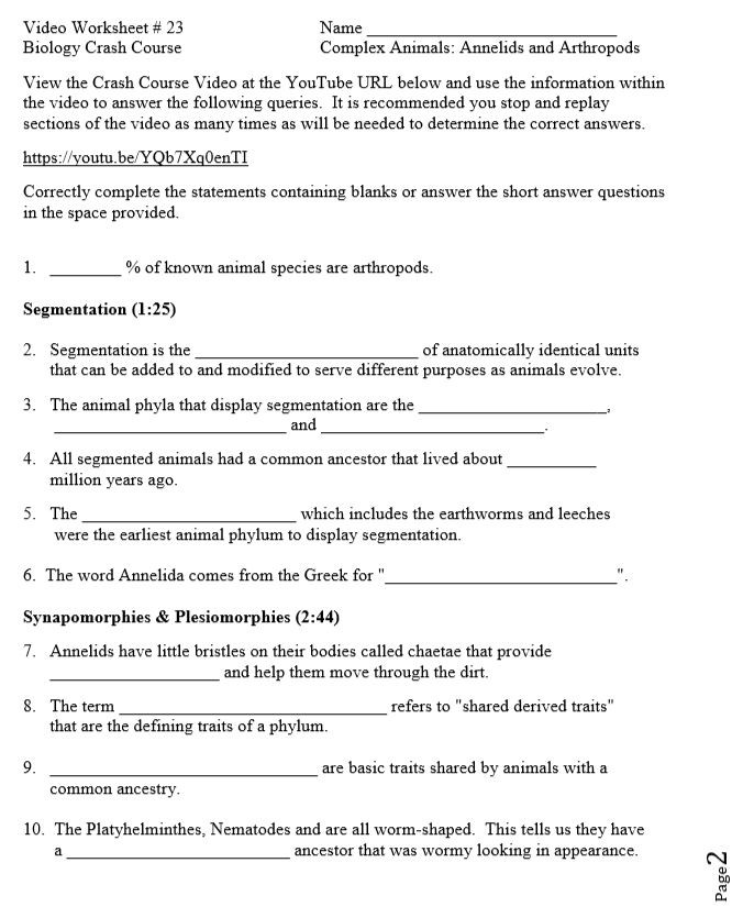 Crash Course Biology Video Worksheet 23 Complex Animals: Annelids and ...