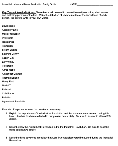 Industrialization and Mass Production Study Guide - Amped Up Learning