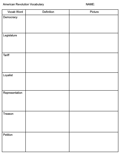 American Revolution Vocabulary Graphic Organizer - Amped Up Learning