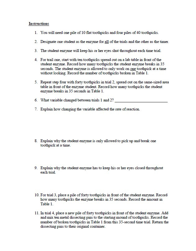 Factors that Affect the Rate of Enzyme Activity Lab using Toothpicks ...