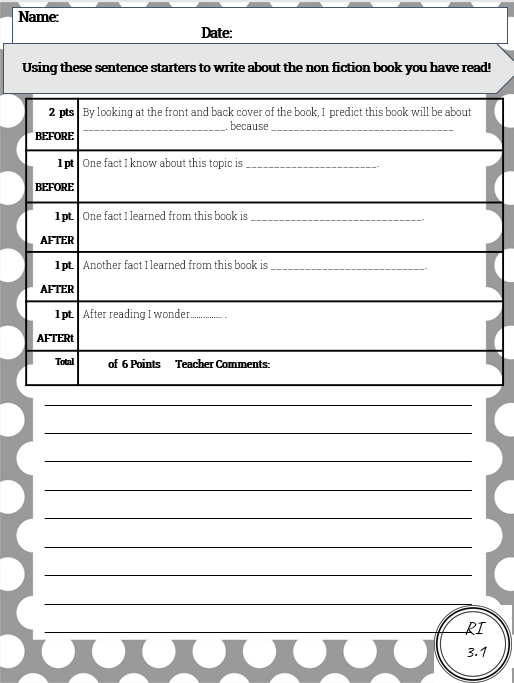 3rd Grade CCSS Reader's Response Rubric Standard RL3.1/RI 3.1 - FREE ...