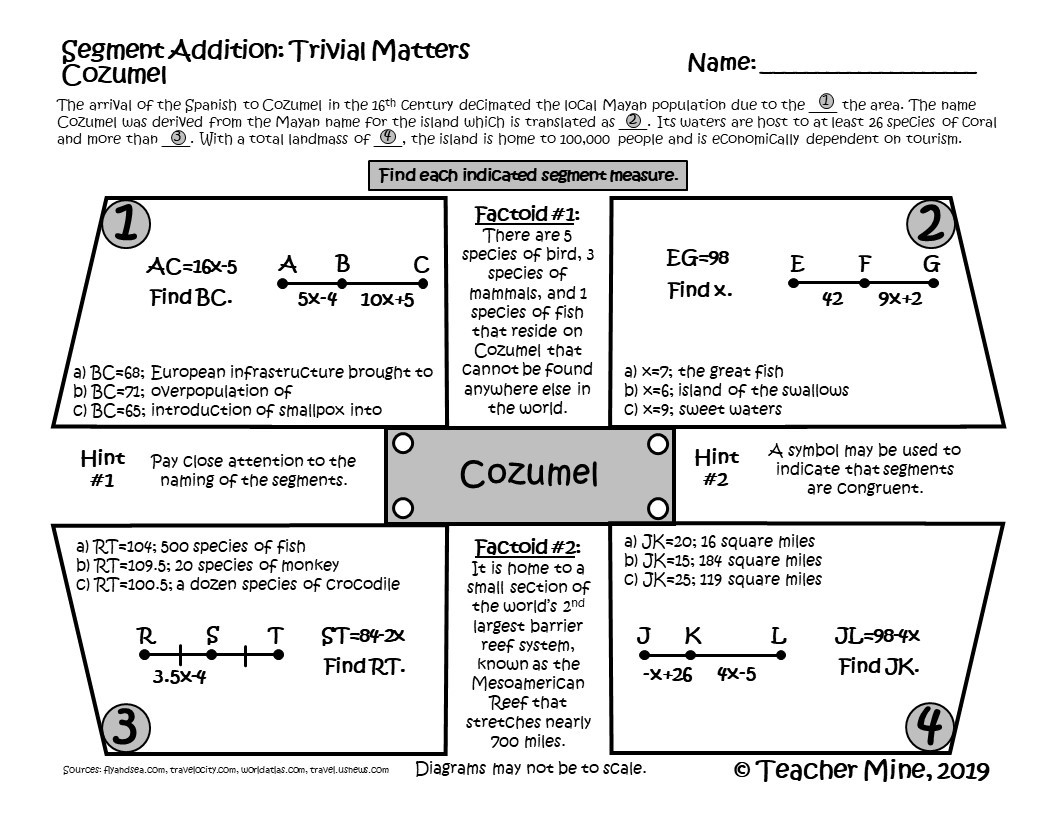 Segment Addition - Cozumel - Trivial Matters Activity