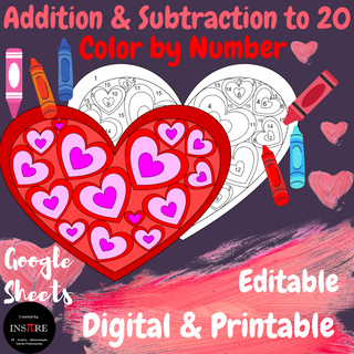Valentines Day Color by Number Addition & Subtraction to 20 Printable ...