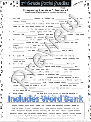 Comparing the New Colonies Cloze/Fill In Blank#3~Social Studies Weekly ...