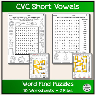 Word Find Puzzles CVC Short Vowel