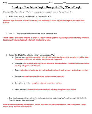 WWI New Technology Questions Worksheet - Amped Up Learning