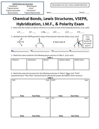 Chemistry Exam about Bonds, VSEPR, Hybridization, Polarity, Lewis ...