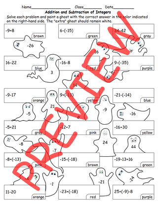 Addition and Subtraction of Integers Halloween