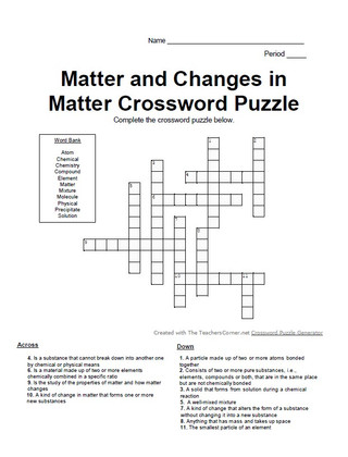 Introduction to Chemistry - Matter and Changes in Matter Crossword ...