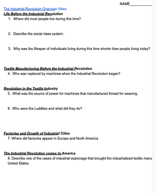 Industrial Revolution Video Overview Questions