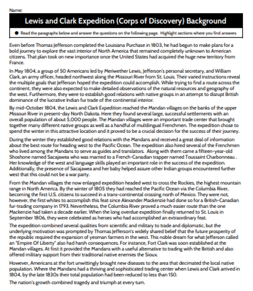 Lewis and Clark Simulation Game