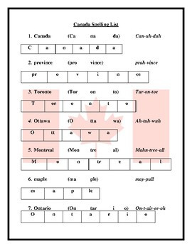 Canada Spelling List - Amped Up Learning