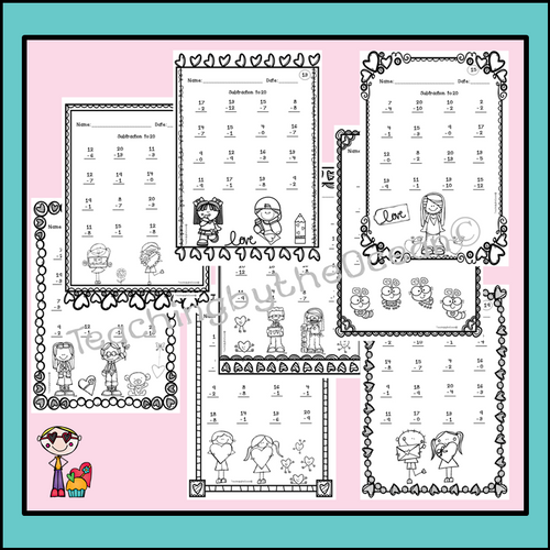 Addition and Subtraction to 20 Fact Fluency Worksheets - Valentine's ...