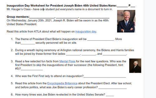 Inauguration Day Worksheet All Grade Levels Webquest Joseph R Biden US ...