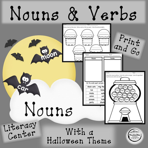 Nouns and Verbs Literacy Center with Worksheets Halloween