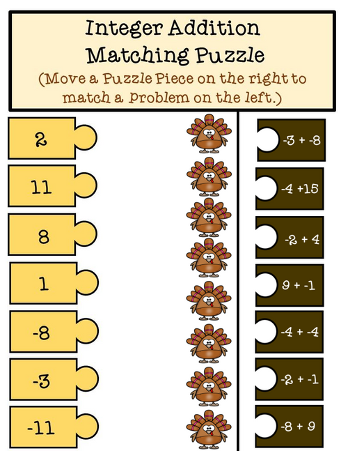 Thanksgiving Integer Multiplication and Division Puzzle Pieces