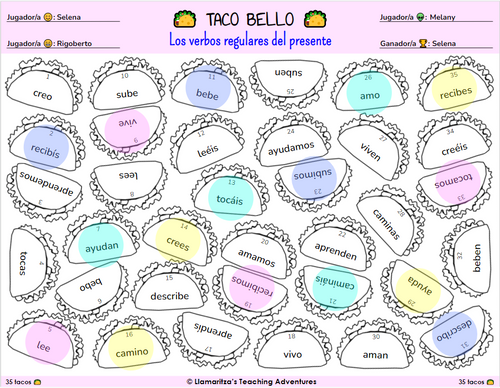 Tacocat Game: Regular Present Tense - Spanish