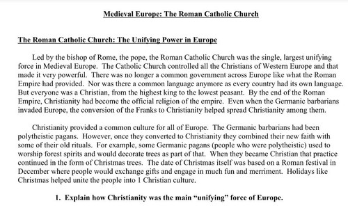 Medieval Europe Role of The Catholic Church Lesson: Article and Questions