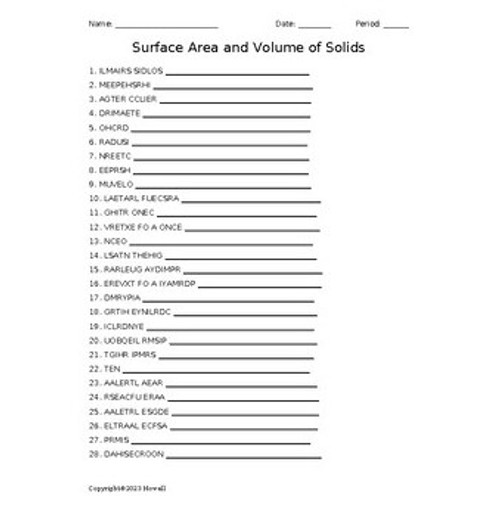 Surface Area And The Volume Of Solids In Geometry Vocabulary Word