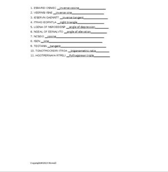 Right Triangles and Trigonometry in Geometry Vocabulary Word Scramble ...