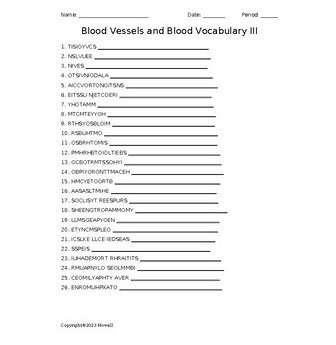 Blood Vessels and Blood Vocabulary III Word Scramble for Medical ...